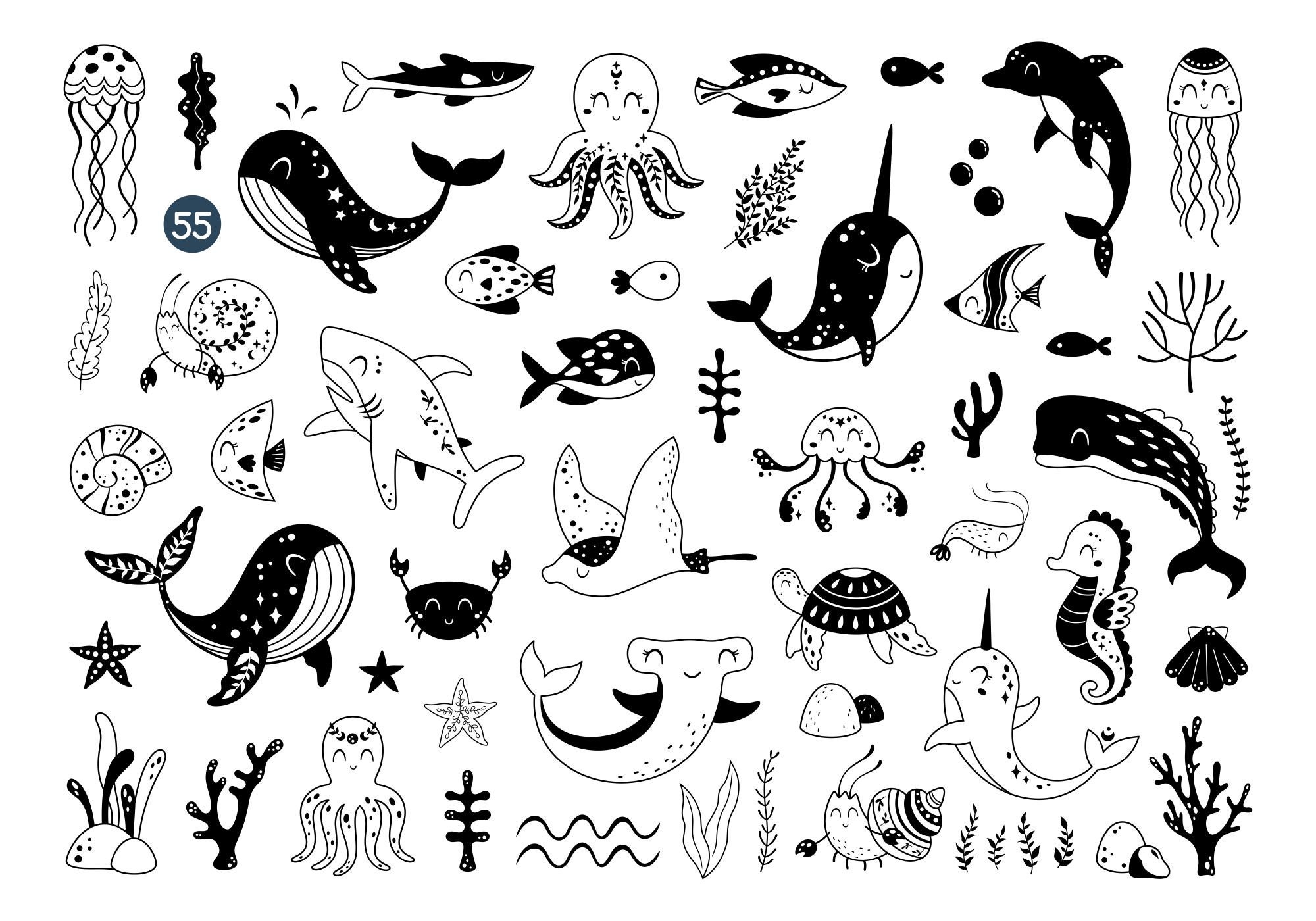 Sea Animals Svg, Black Ocean Clipart, Under the Sea Png, Nautical Clip ...