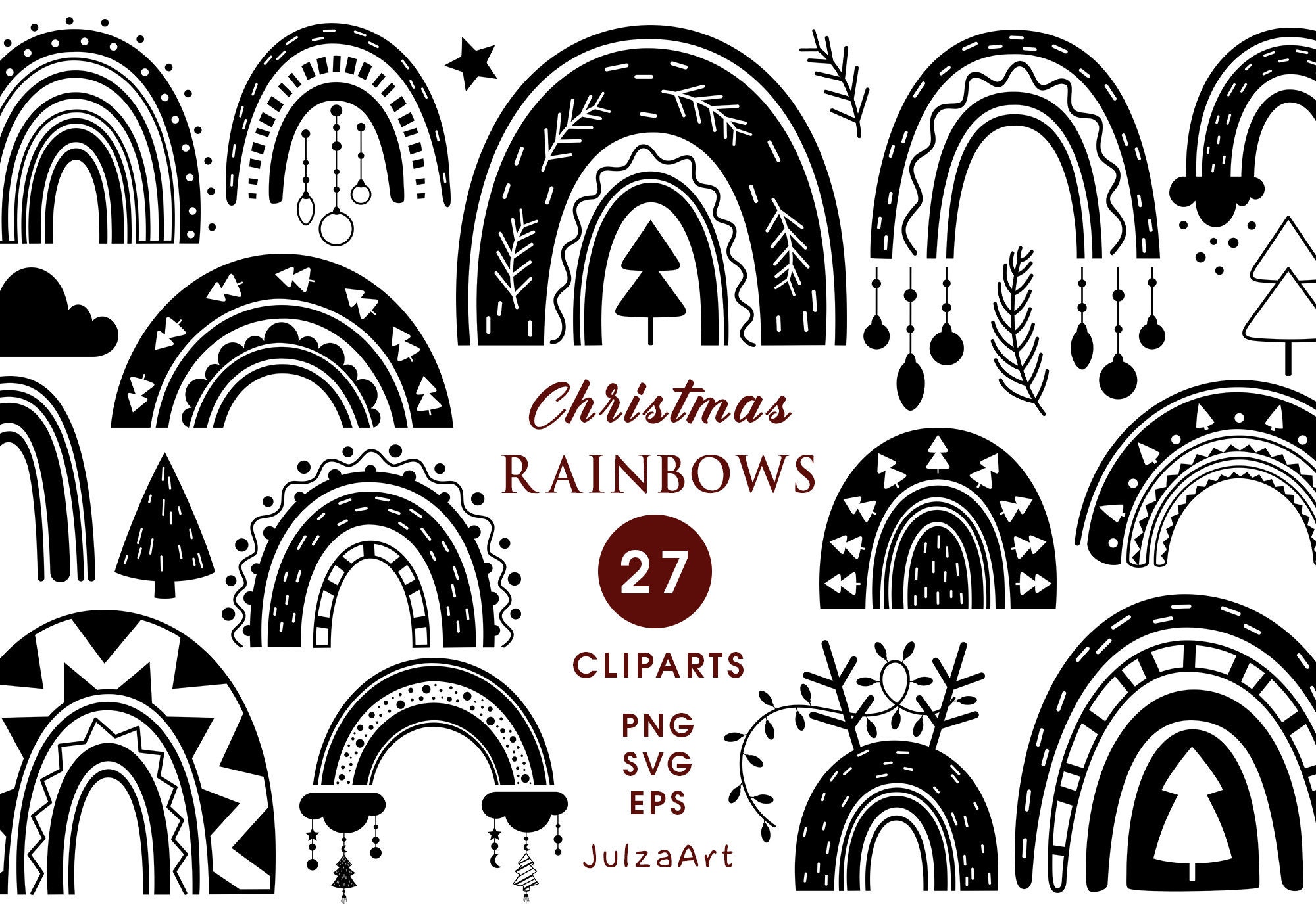 Christmas Rainbow Clipart Black and White Rainbows Svg | Etsy