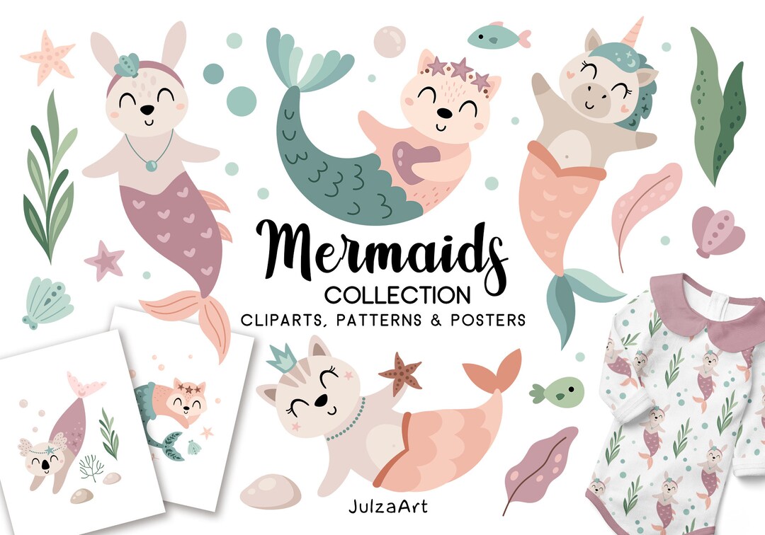 Mermaid Clipart, Little Mermaid Svg, Mermaid Seamless Pattern, Cute ...