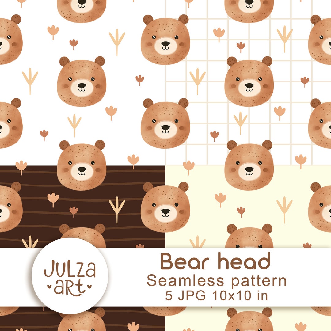 Bear Seamless Pattern Watercolor Digital Paper Cute Bear Head Pattern ...