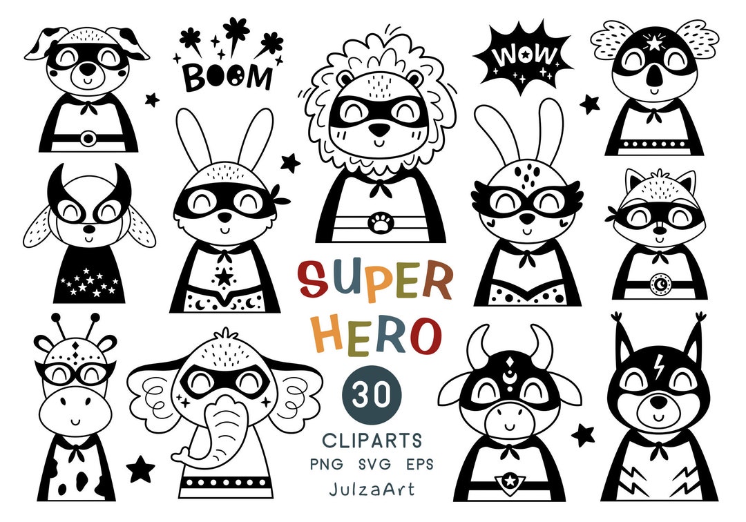 Superhero Svg, Animal Superhero Clipart, Cute Animals Svg, Black and ...