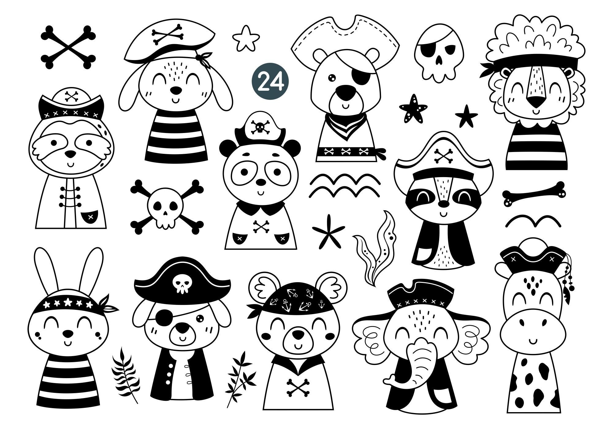 Pirate Animal Clipart: Black and White Sea Character, Ocean, Nautical ...