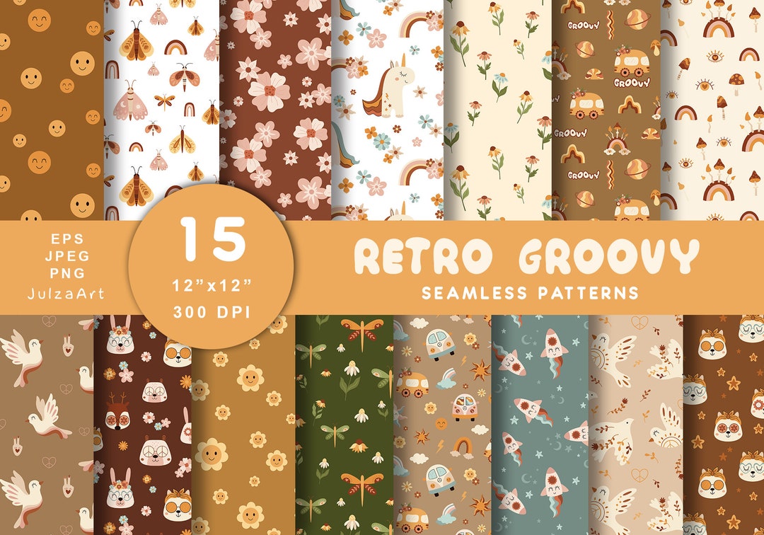 Retro Baby Seamless Pattern, Groovy Digital Paper, Retro Flower Prints ...