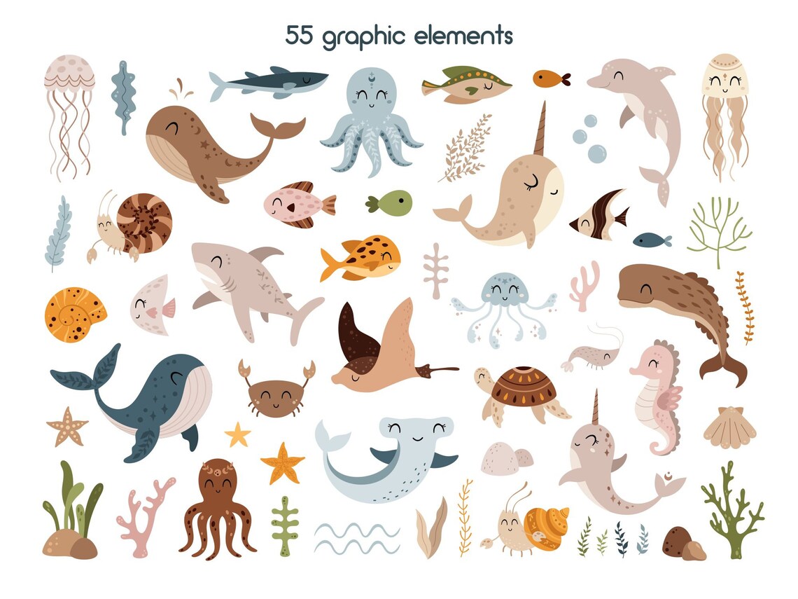 Sea Animals Clipart, Boho Sea Life Svg, Bohemian Undersea World Png ...