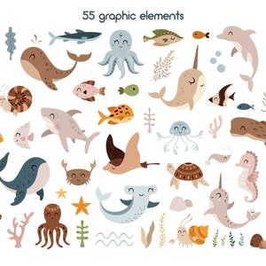 Sea Animals Clipart, Boho Sea Life Svg, Bohemian Undersea World Png ...