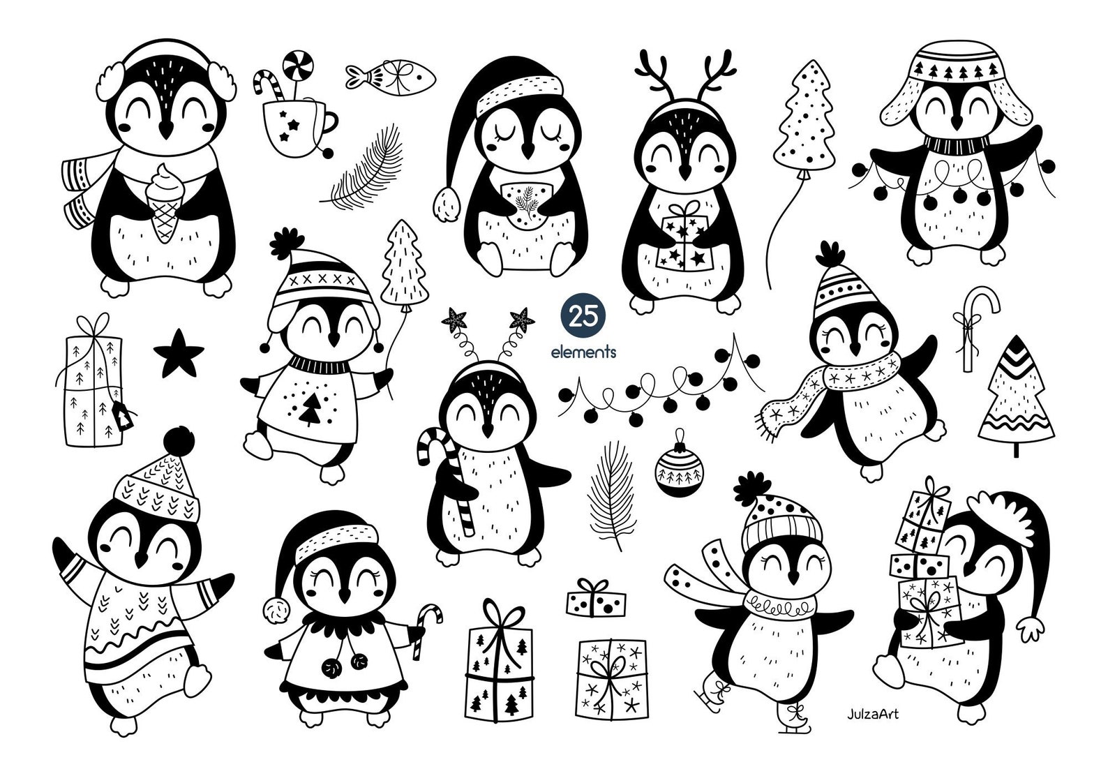 Christmas Penguin Clipart: Black and White Winter Animal, Holiday ...