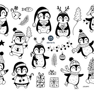 Christmas Penguin Clipart: Black and White Winter Animal, Holiday ...