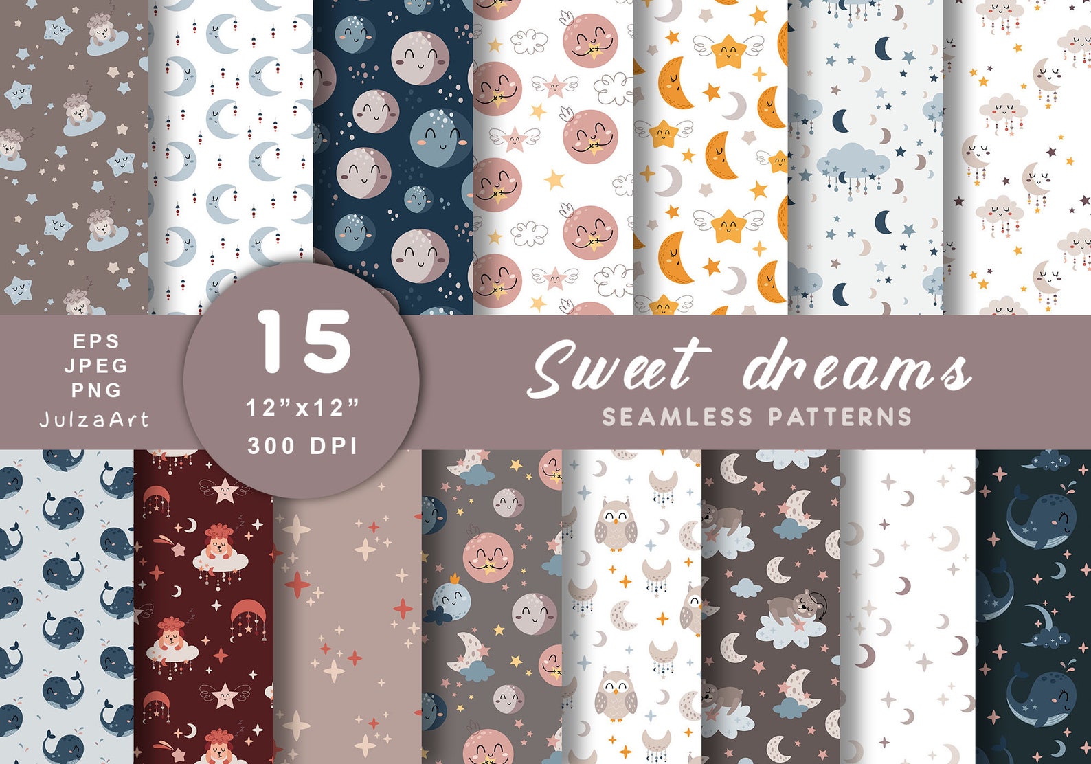 Sweet Dreams Seamless Patterns, Sleeping Animals Digital Paper, Moon ...