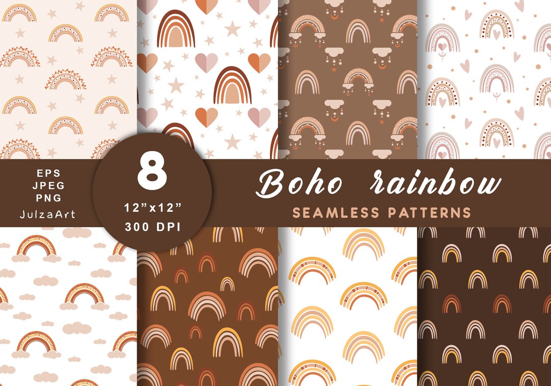 Boho Rainbow Seamless Pattern Bohemian Rainbow Digital Paper Set Pastel ...