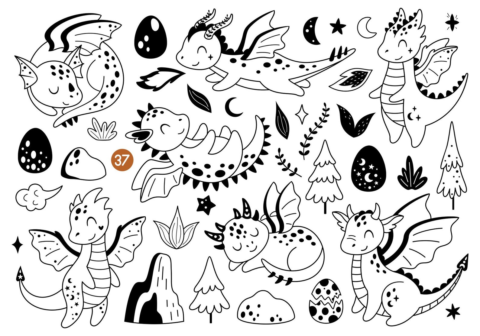 Dragon Clipart: Black and White Fantasy Animal Doodle, Year of the ...