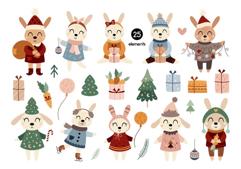 Christmas Rabbit Clipart: Merry Christmas SVG, Holiday Bunny PNG, Kids ...