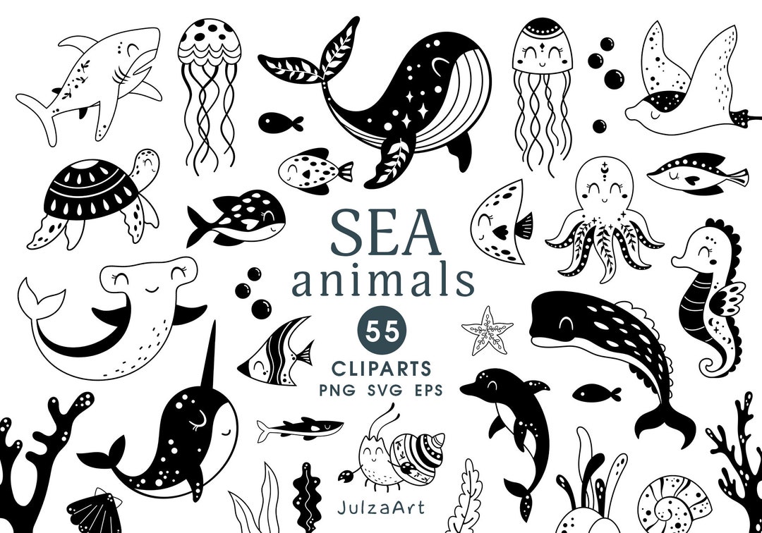 Sea Animals Svg, Black Ocean Clipart, Under the Sea Png, Nautical Clip ...