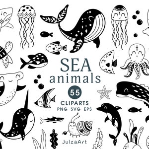 Sea Animals Svg, Black Ocean Clipart, Under the Sea Png, Nautical Clip ...