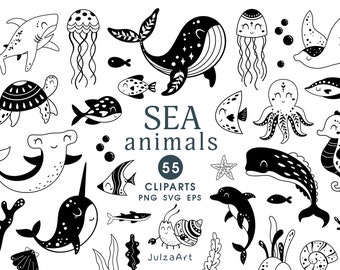 Sea Animals Svg, Black Ocean Clipart, Under the Sea Png, Nautical Clip ...