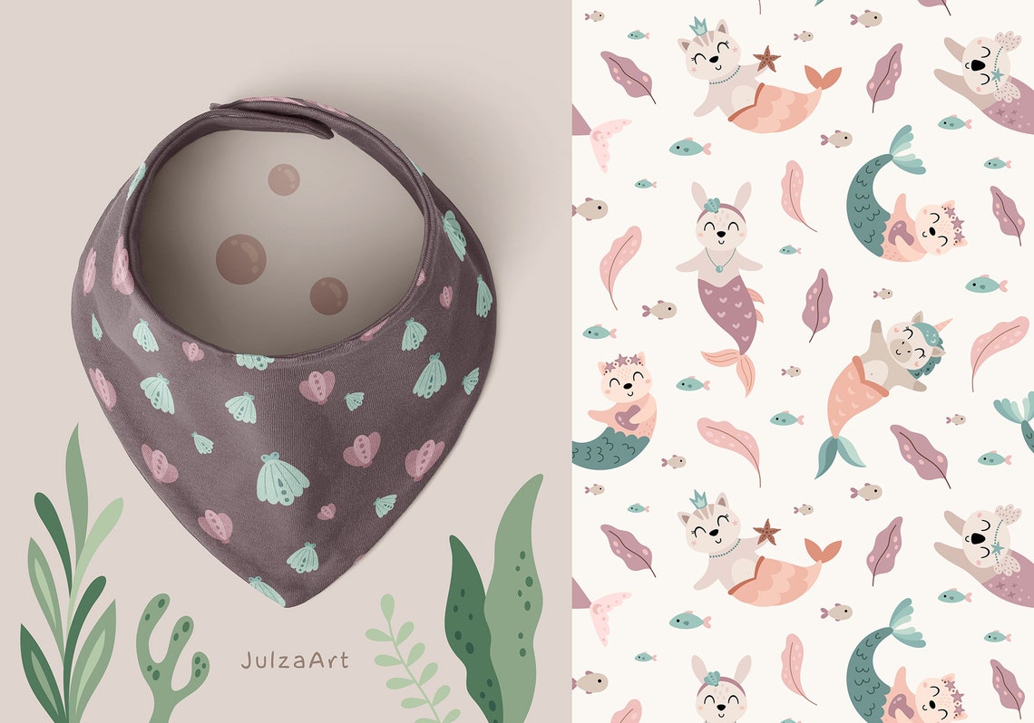 Mermaid Seamless Pattern, Little Mermaid Digital Paper, Nautical ...