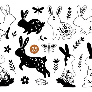 Easter Bunny Clipart: Black and White Spring Rabbit and Floral PNG SVG ...