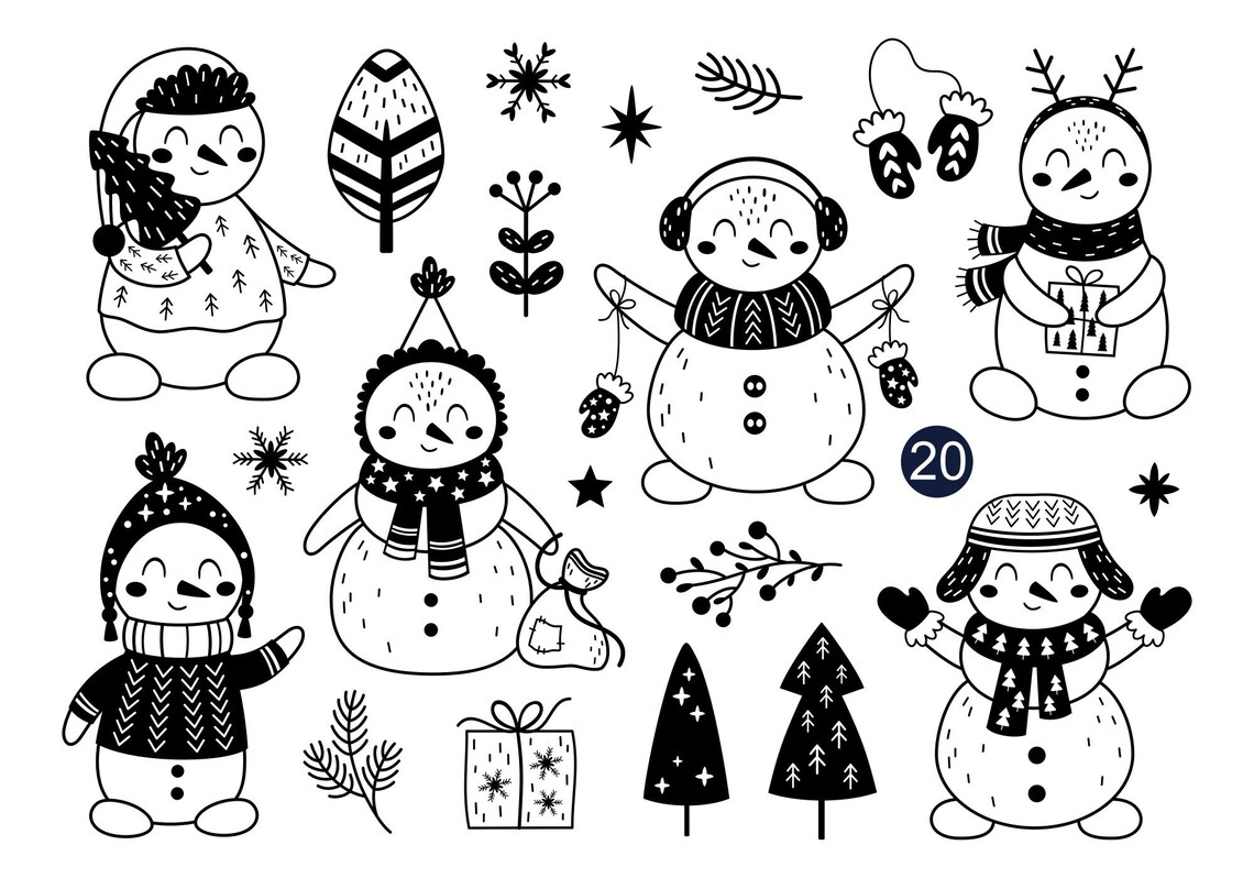 Snowman Clipart: Black and White Merry Christmas SVG, Winter PNG ...