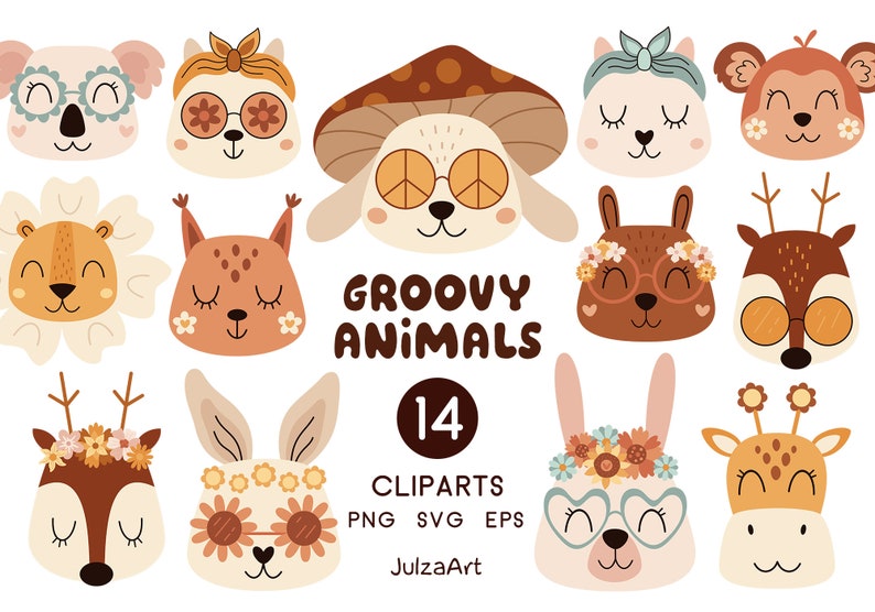 Retro Groovy Animal Faces Clipart: Boho Woodland Character PNG, SVG ...