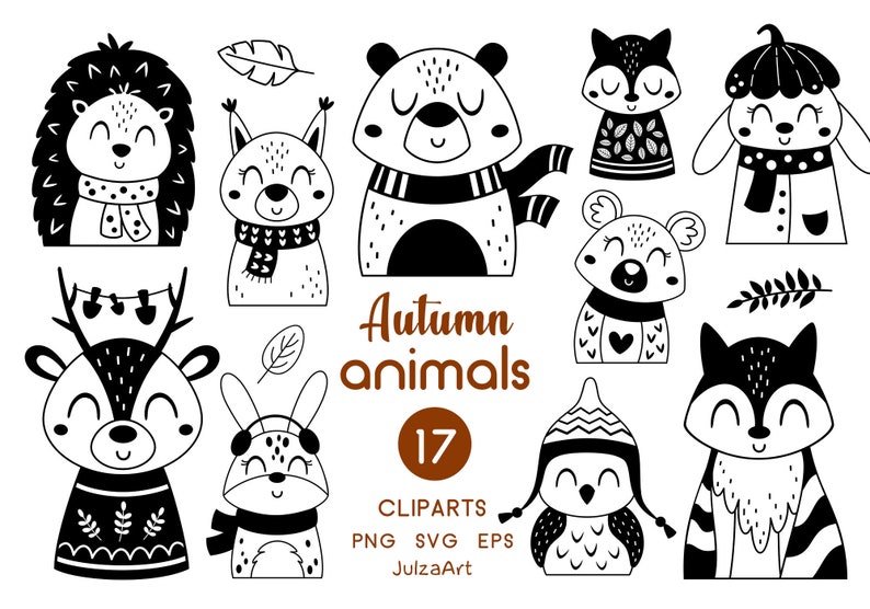 Fall Animals Clipart: Black and White Woodland Animal PNG SVG, Cartoon ...