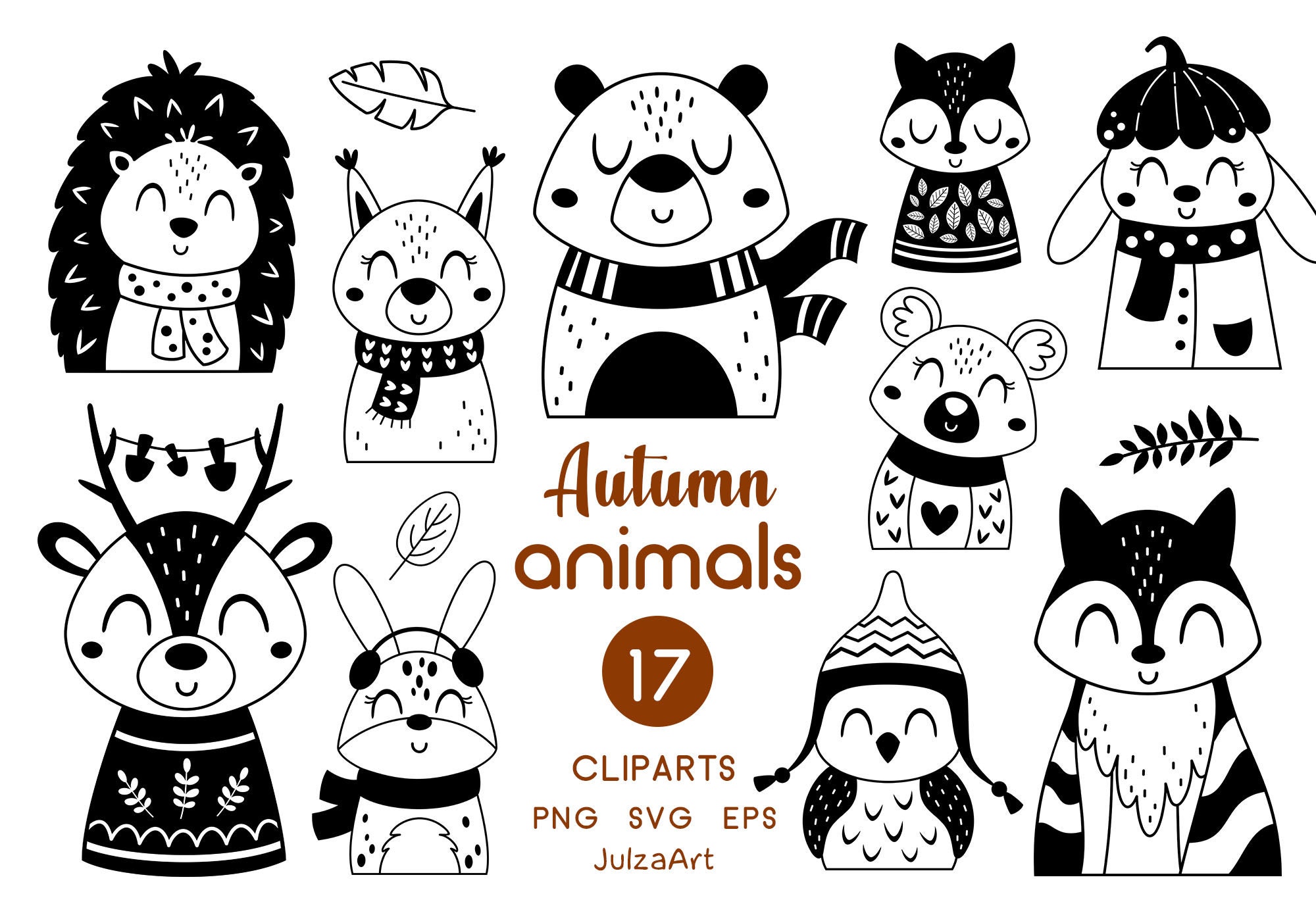 Fall Animals Clipart Black and White Animals Svg Woodland - Etsy