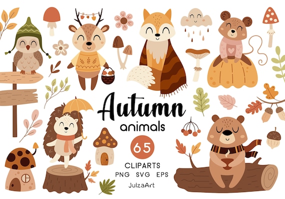 Autumn Animals Clipart Cozy Fall Animals Svg Woodland - Etsy