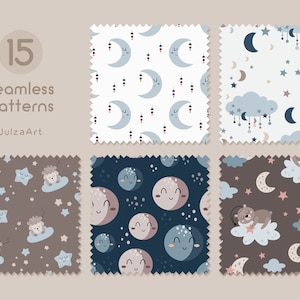 Sweet Dreams Seamless Patterns, Sleeping Animals Digital Paper, Moon ...