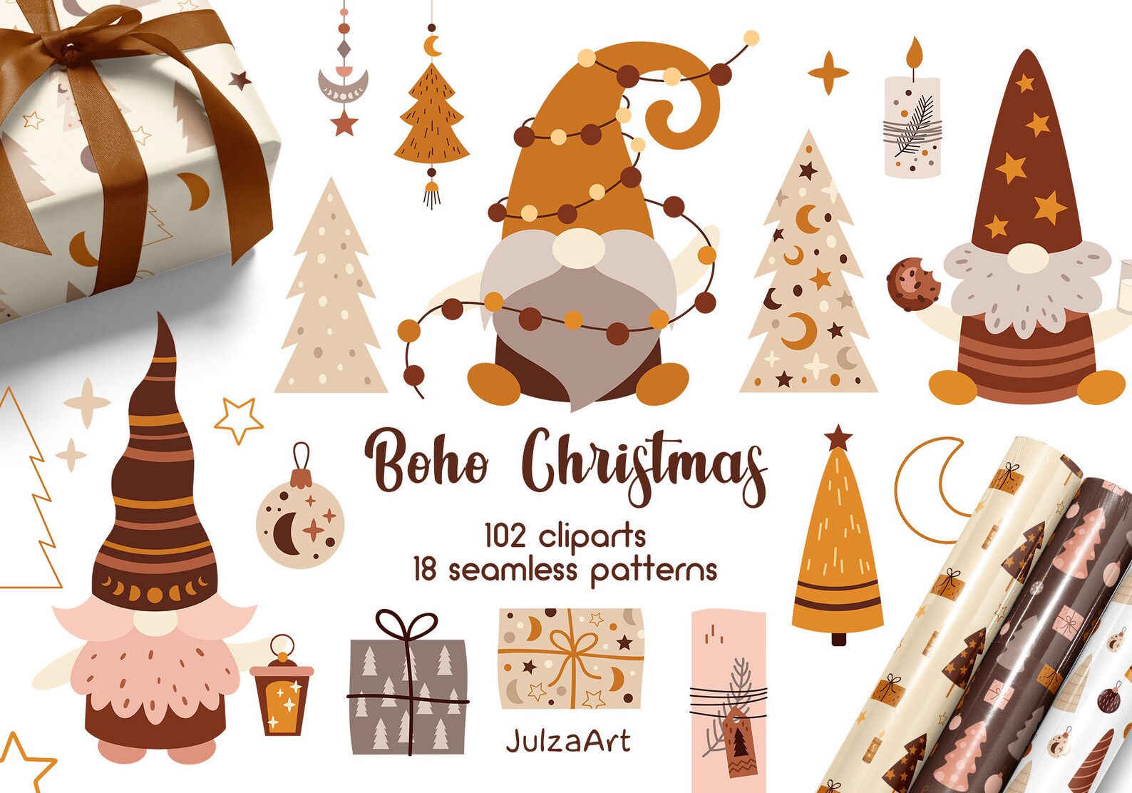 Boho Christmas Clipart and Seamless Pattern Bundle: Gnomes, Christmas ...