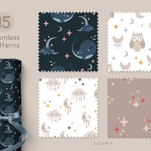 Sweet Dreams Seamless Patterns, Sleeping Animals Digital Paper, Moon ...