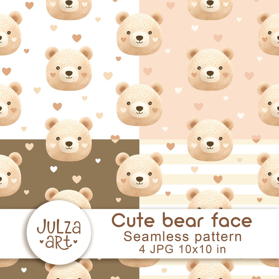 Cute Bear Seamless Pattern Watercolor Digital Paper Bear Head Pattern ...