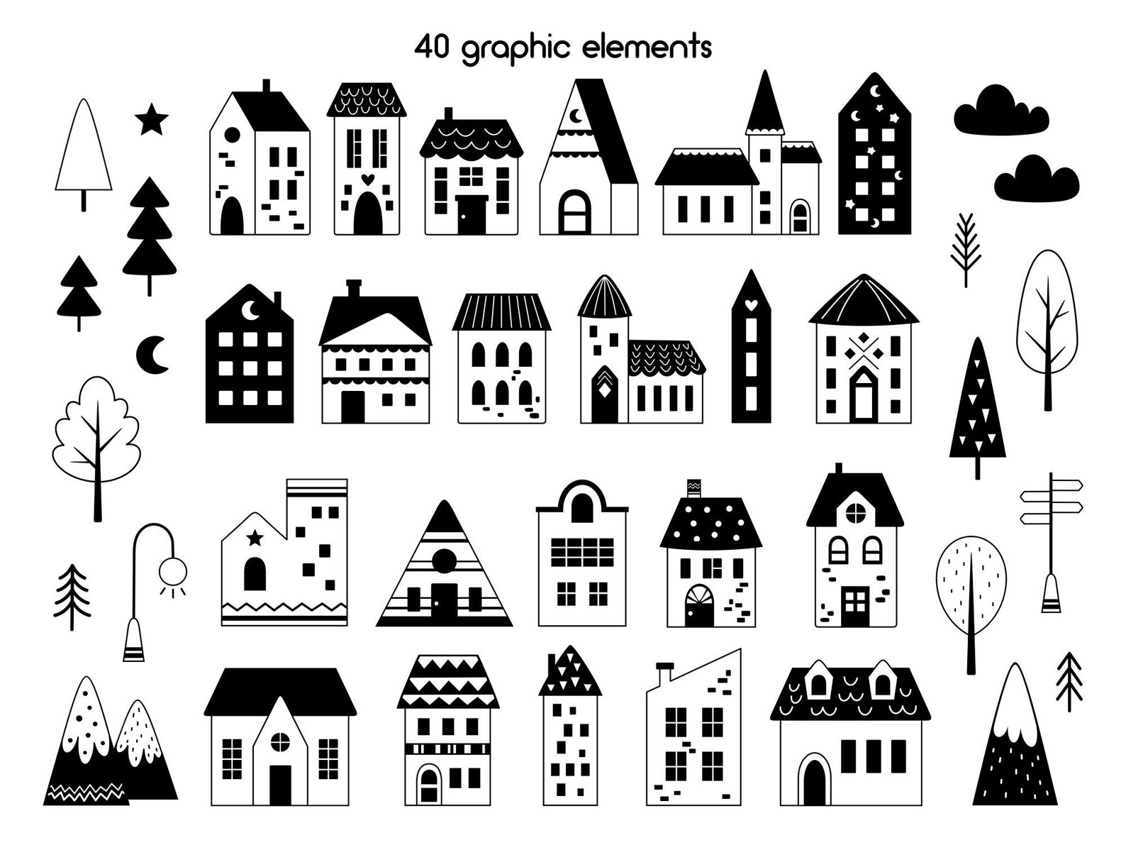 Scandinavian Houses Clipart Black and White Nordic House Svg - Etsy