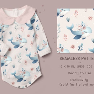 Exclusive Pattern, Watercolor Whale Seamless Pattern, Whale Digital ...