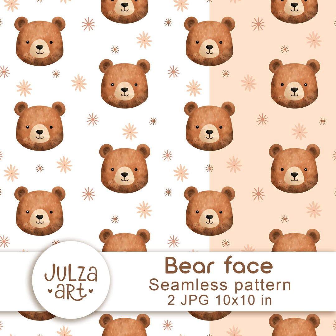 Bear Seamless Pattern Watercolor Bear Digital Paper Cute Bear Head ...