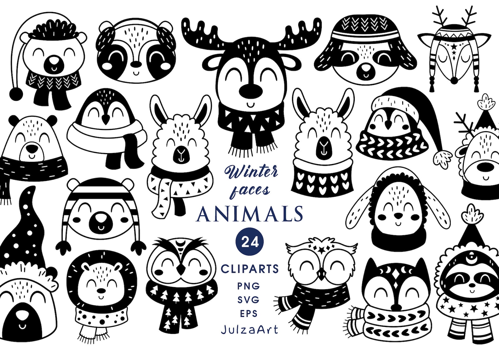 Winter Animal Svg Animal Clipart Black and White Animal Face Svg Winter ...