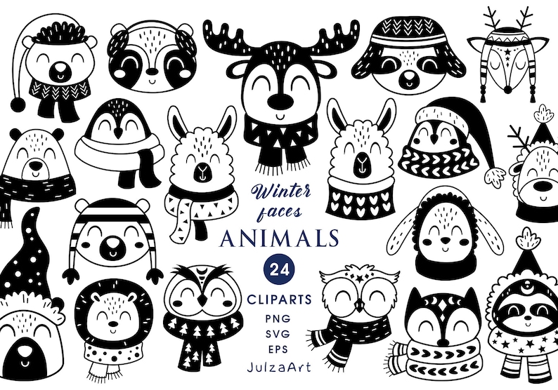 Winter Animal Svg Animal Clipart Black and White Animal Face Svg Winter ...
