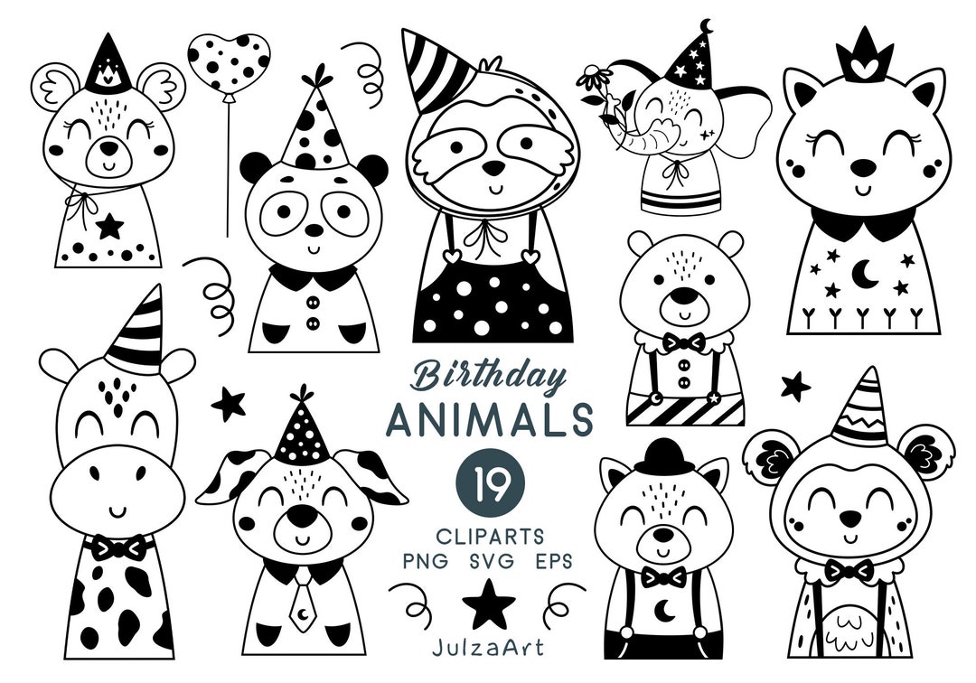 Happy Birthday Svg, Birthday Clipart, Cute Animal Svg, Black and White ...