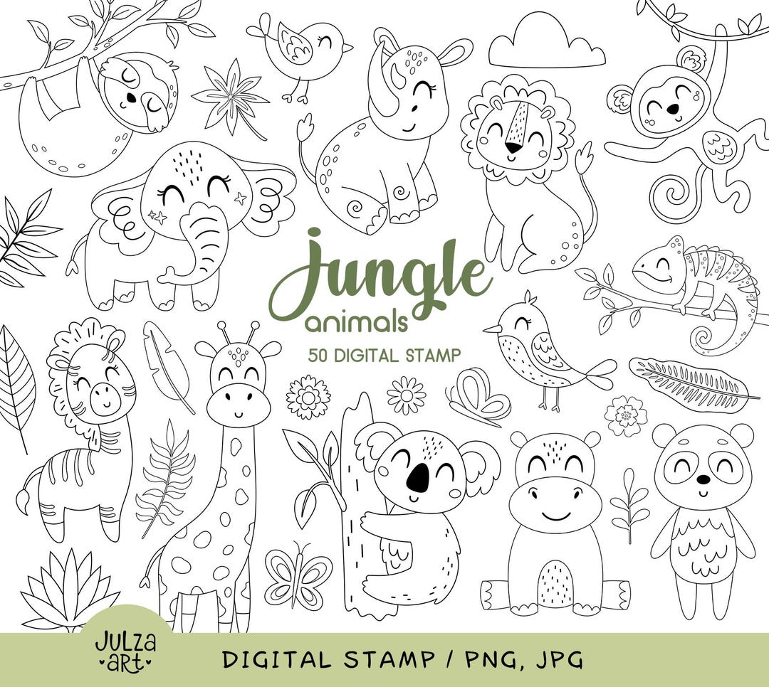 Jungle Animals Digital Stamp, Tropical Coloring Page, Safari Outline ...