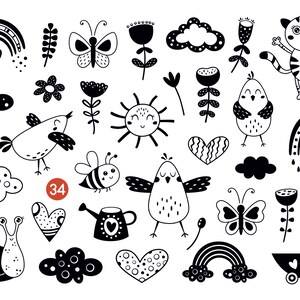 Spring Clipart Set: Black and White Floral, Animals, Birds, Butterfly ...