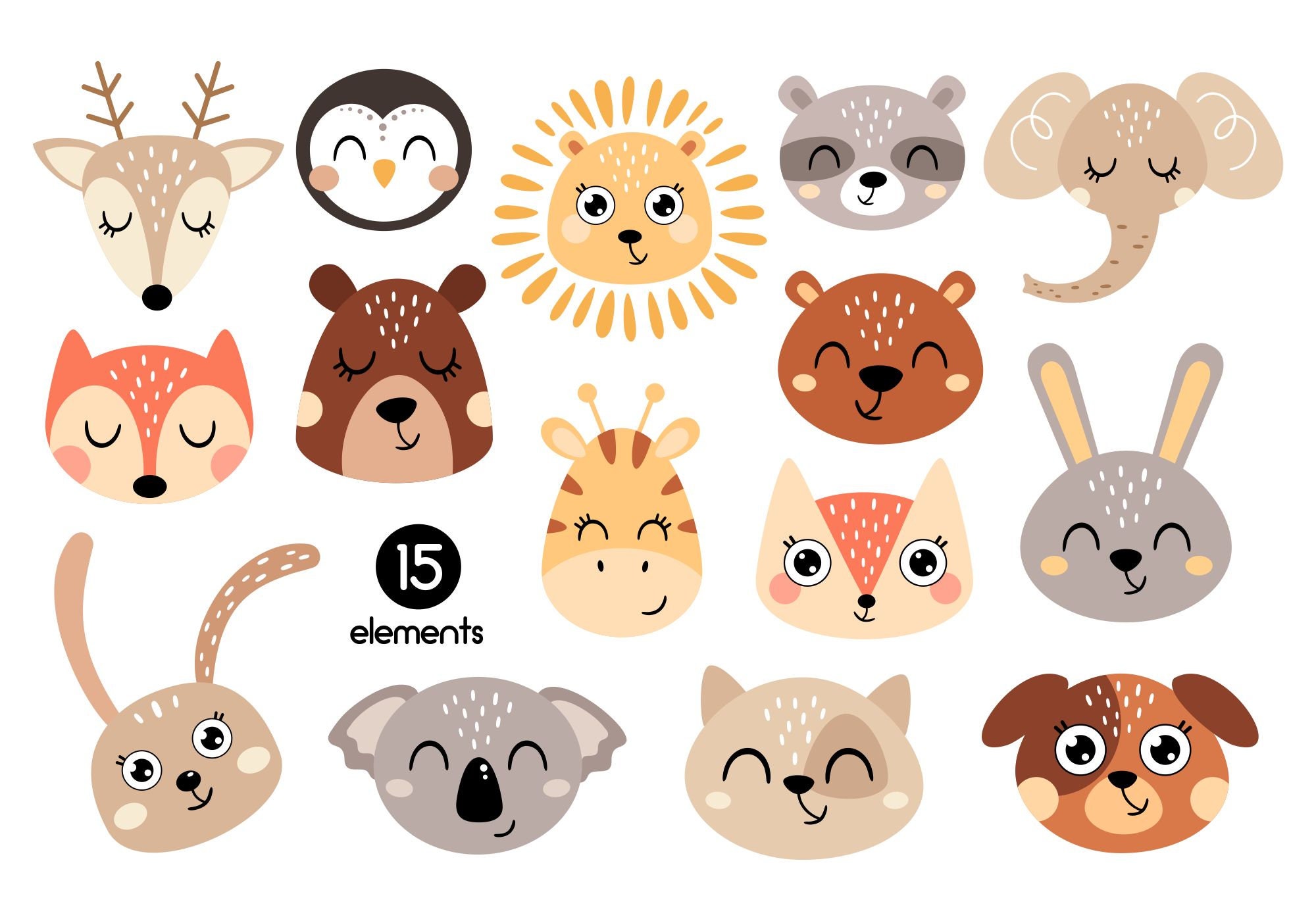 Cute Animal Clipart, Animal Face Svg, Woodland Animals Png, Animal Head ...