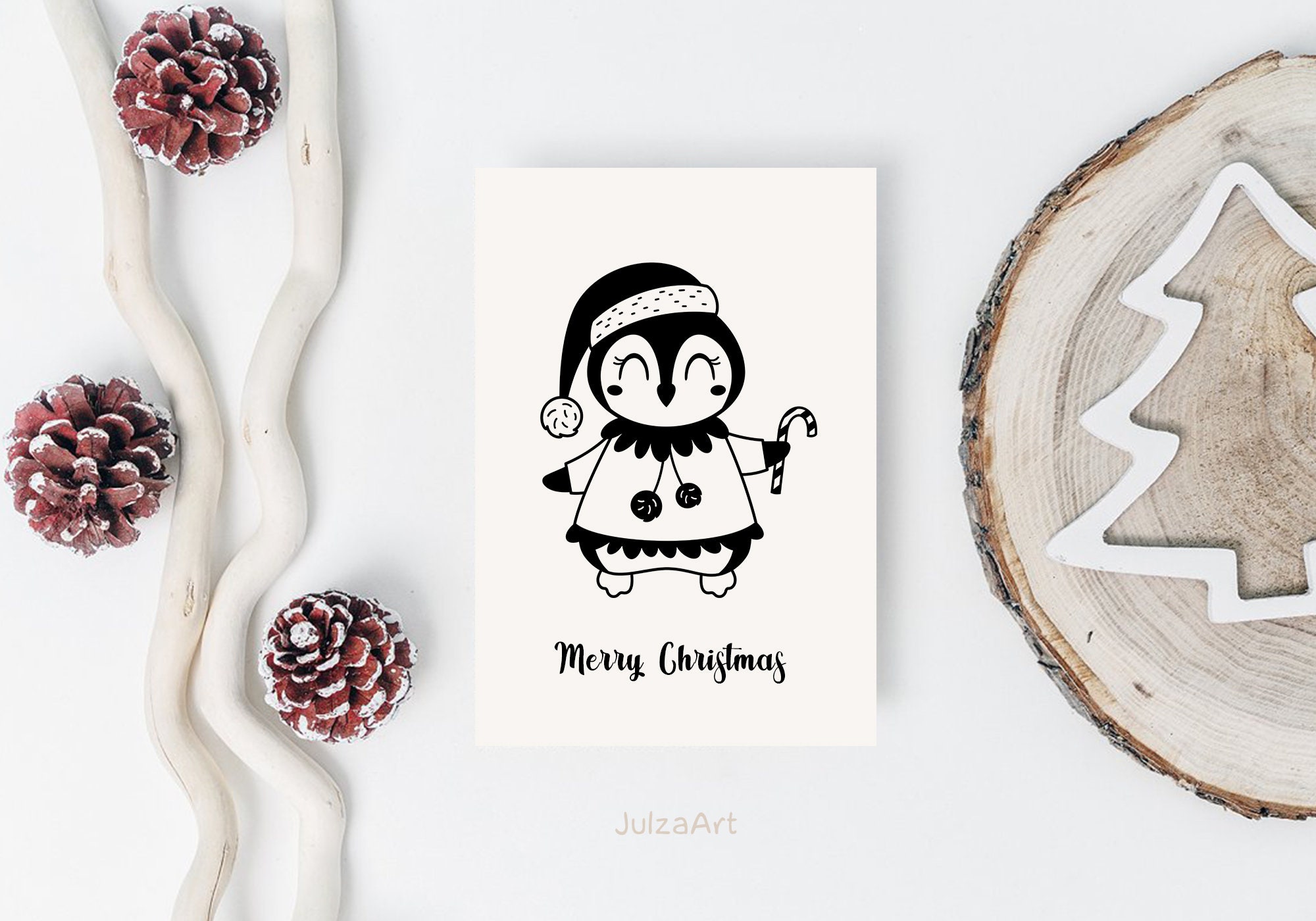 Christmas Penguin Clipart: Black and White Winter Animal, Holiday ...