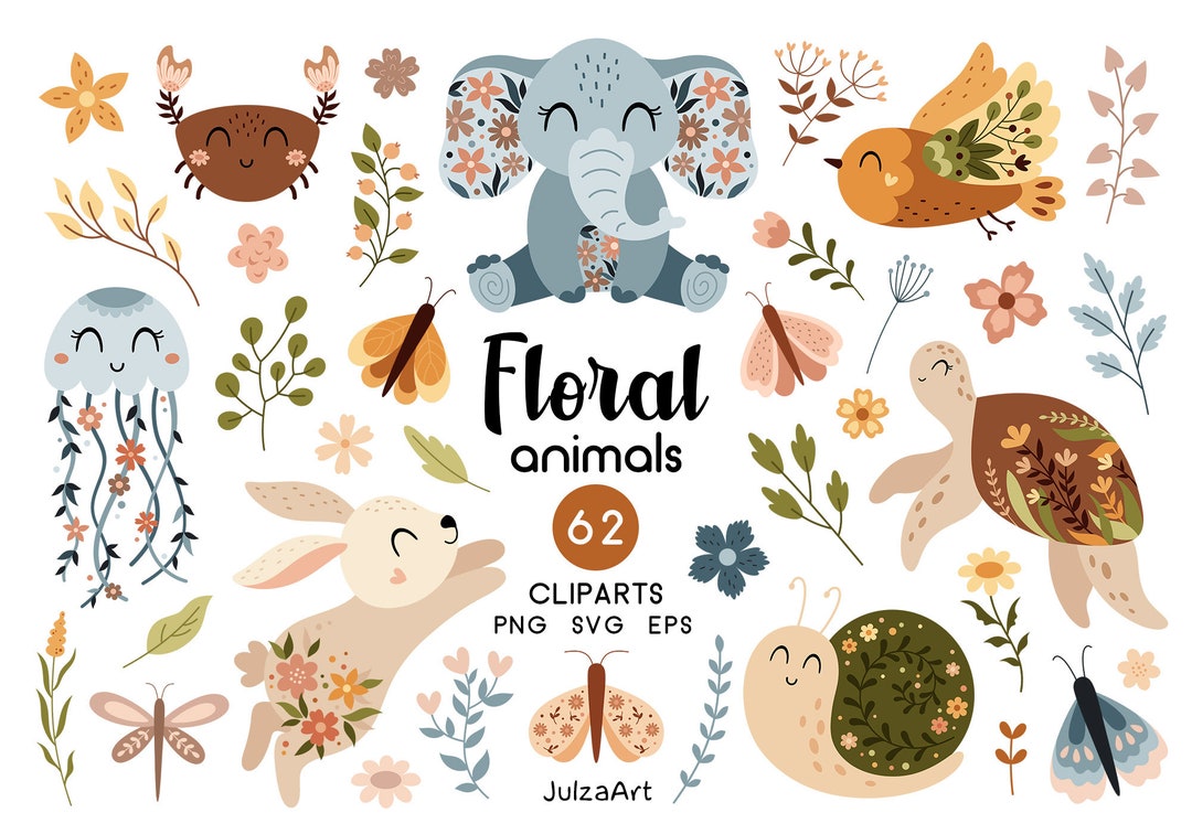 Floral Animal Clipart, Cute Animals Svg, Flowers Svg, Spring Clipart ...