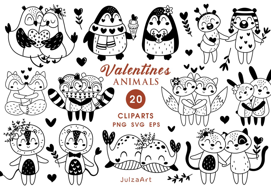 Animal Valentines Clipart, Valentines Day Svg, Black and White Animal ...