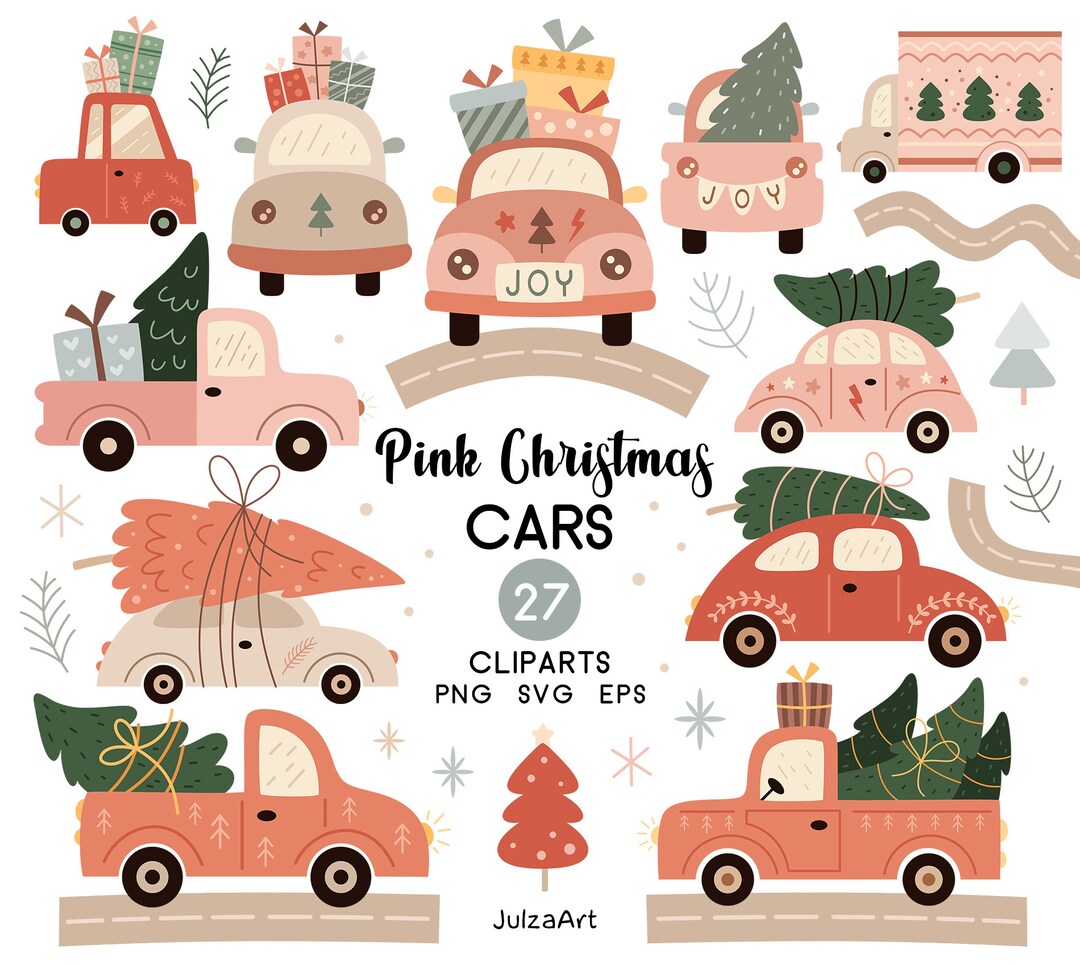 Pink Christmas Car Clipart: Merry Christmas PNG, Retro Truck SVG ...