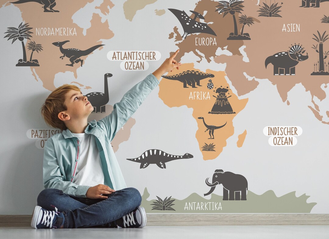 Kids World Map Wallpaper Dinosaur Peel and Stick, Dinosaur Wall Decal ...