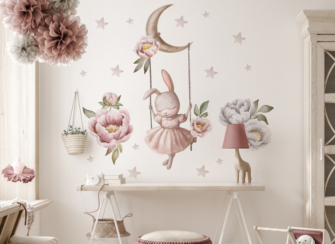 Cute Bunny Wall Decal, Bunny on Swing Wall Sticker, Peony Wall Decal ...