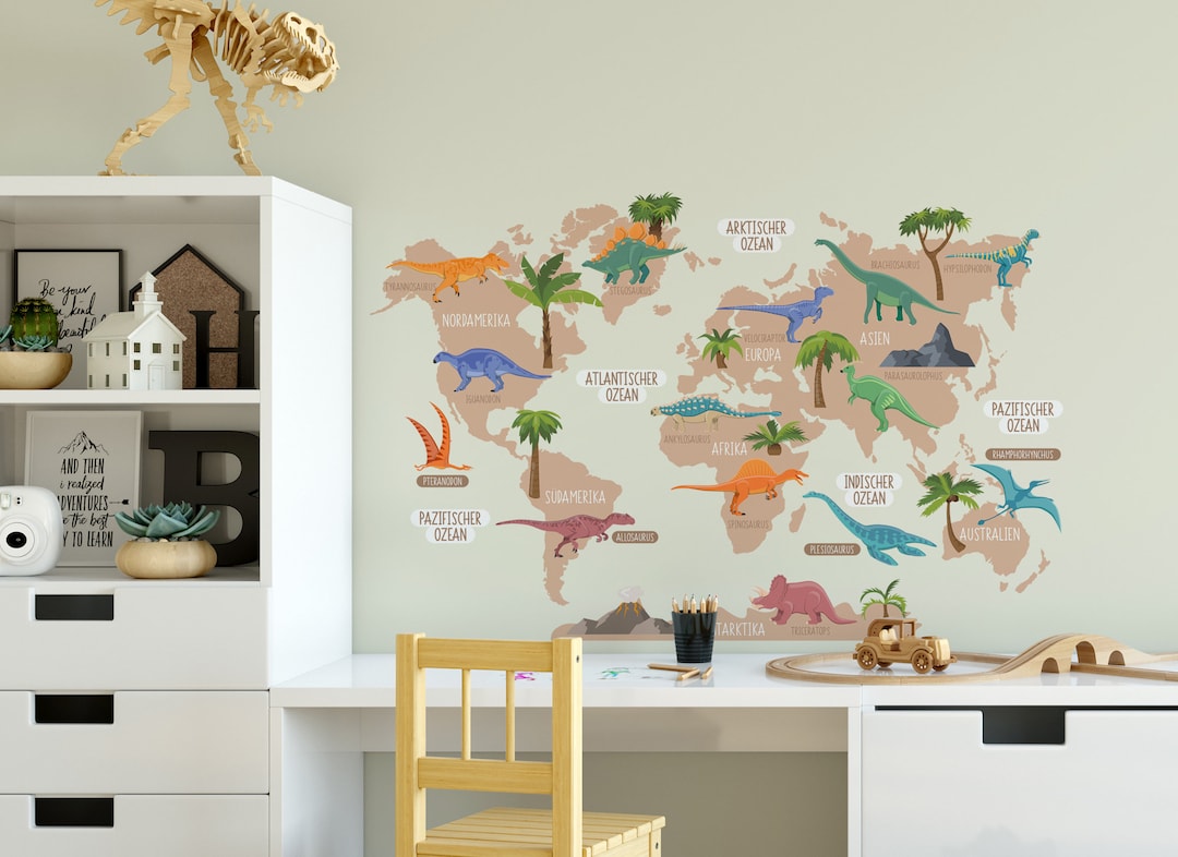Educational Dinosaur World Map Wall Decal for Kids Room With Forest ...