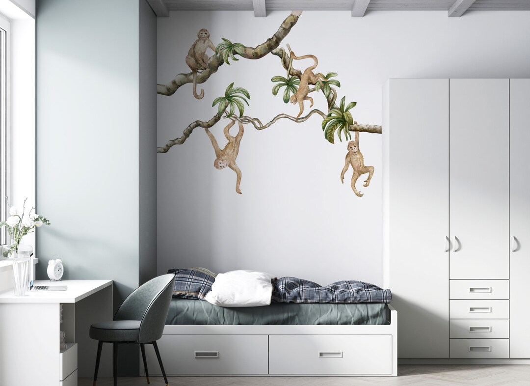 Cheerful Monkey Wall Sticker for Kids Room, Watercolor Jungle Animal ...