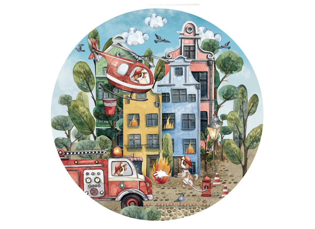 Circle Wall Decal for Kids, Fire Brigade Wall Stickers, Fire Truck Wall ...