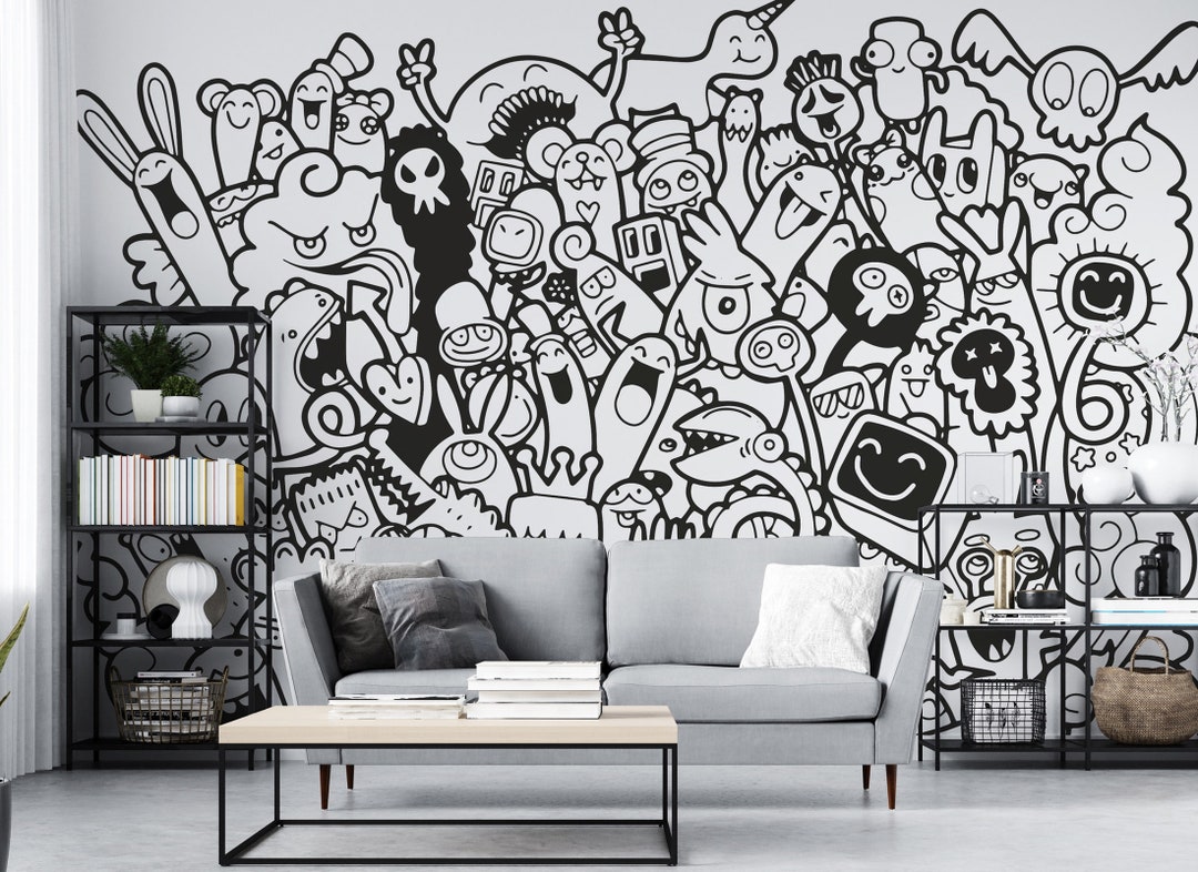 Wallpaper Doodle Art MONSTER, Wallpaper for Boys, Doodle Art Mural ...