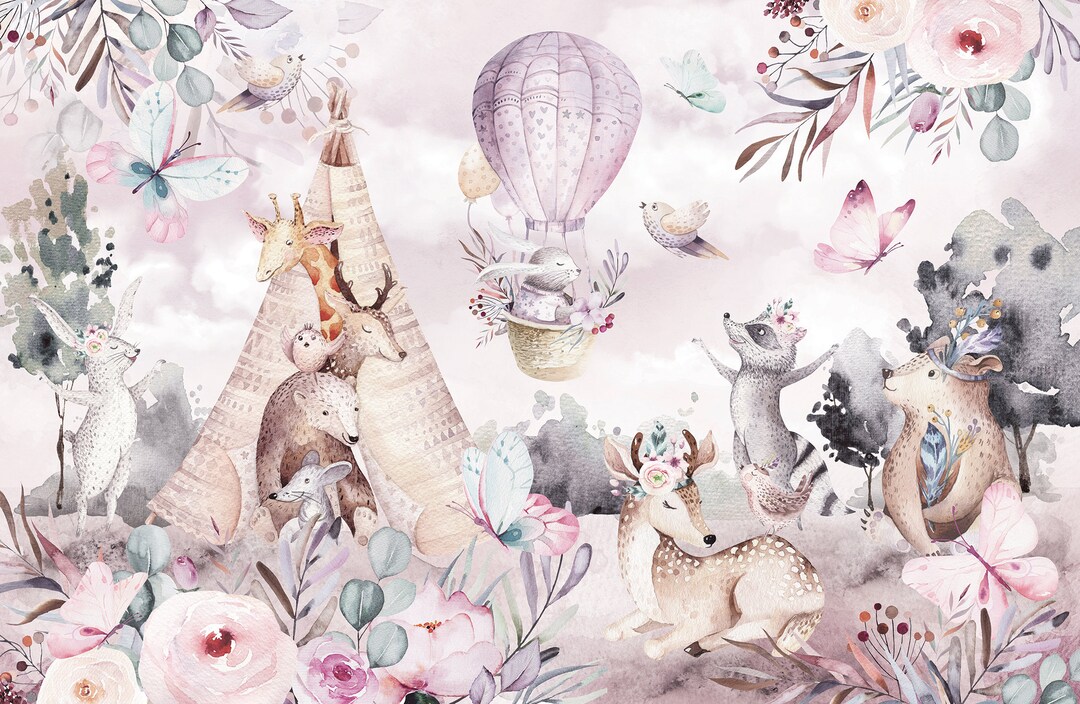 Boho Animals Wallpaper: Watercolor Flowers & Butterflies Children's ...
