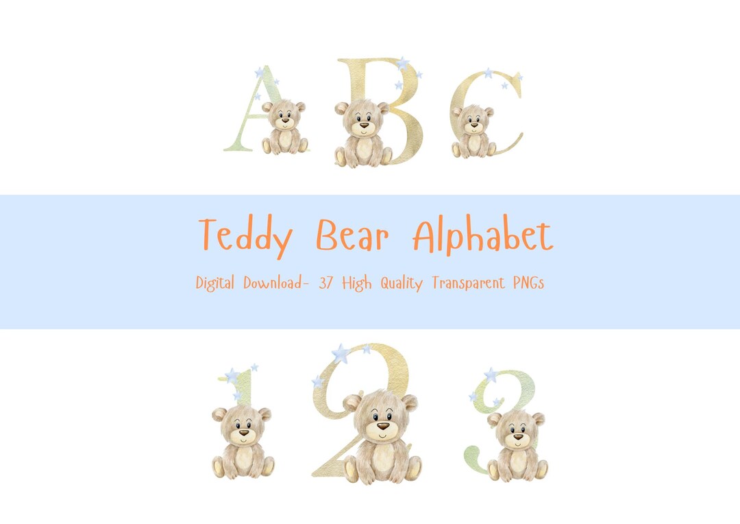 Teddy Bear Alphabet & Numbers PNG Bundle | Cute Baby Letters | Digital ...